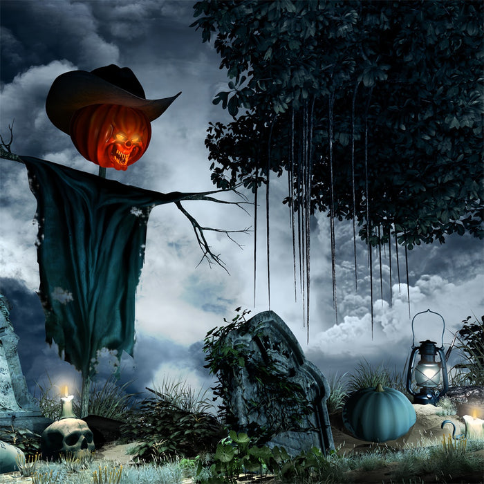 Pumpkin Head Scarecrow in Graveyard Halloween Backdrop BRP8-217