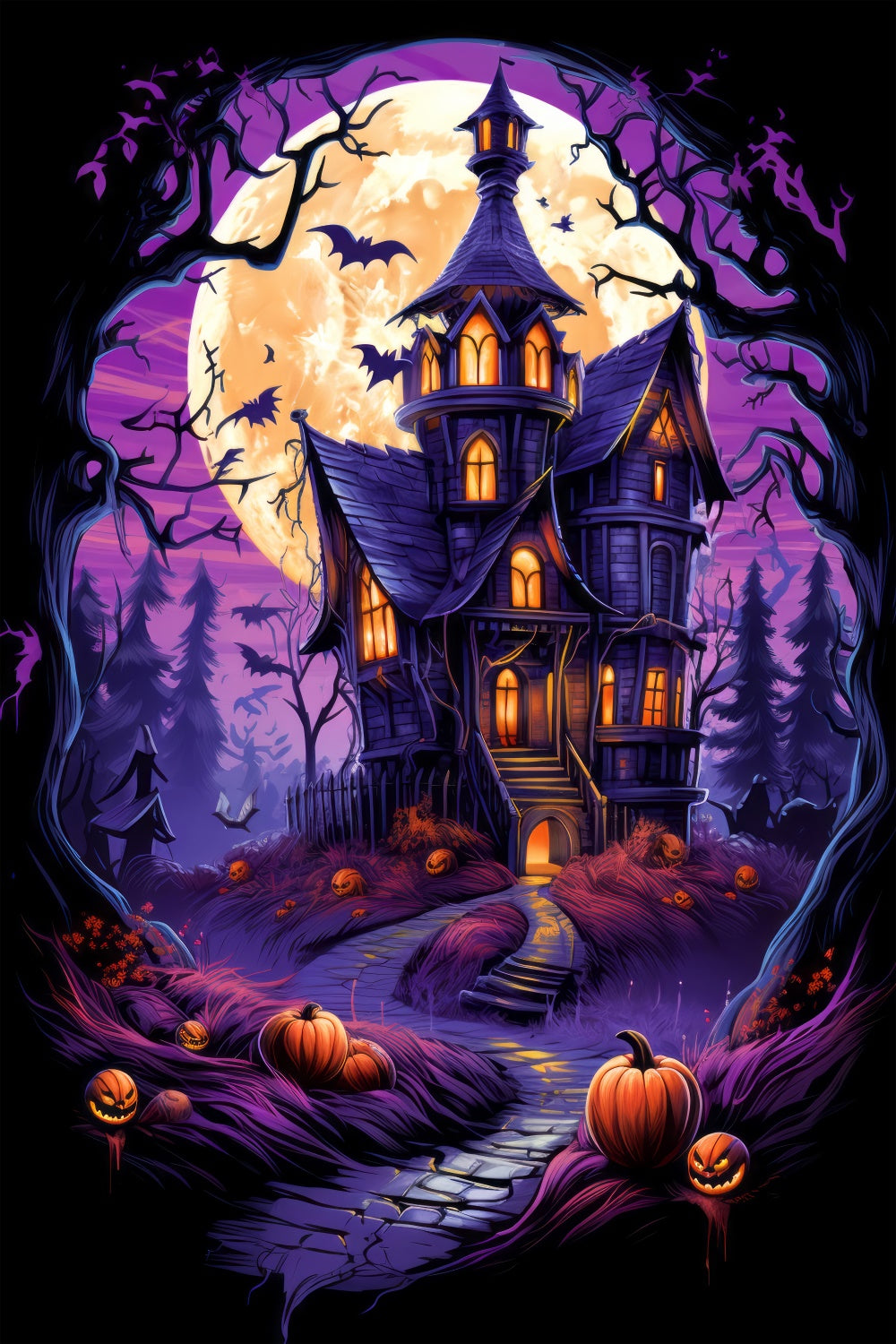 Purple Moonlit Halloween Haunted Backdrop BRP8-259 – Dbackdrop