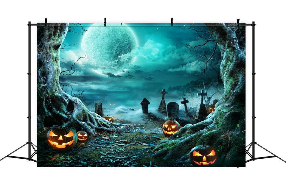 Scary Pumpkin and Graveyard Halloween Moon Backdrop BRP8-271 – Dbackdrop