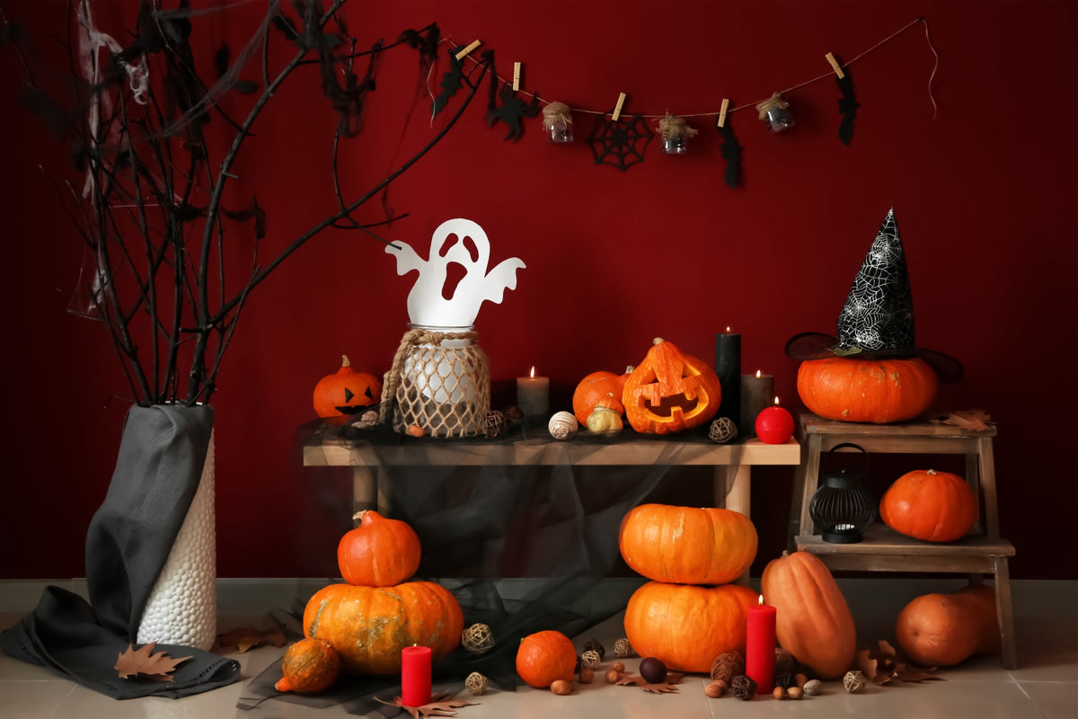 Red Wall Spooky Branches and Pumpkins Backdrop BRP8-354 – Dbackdrop