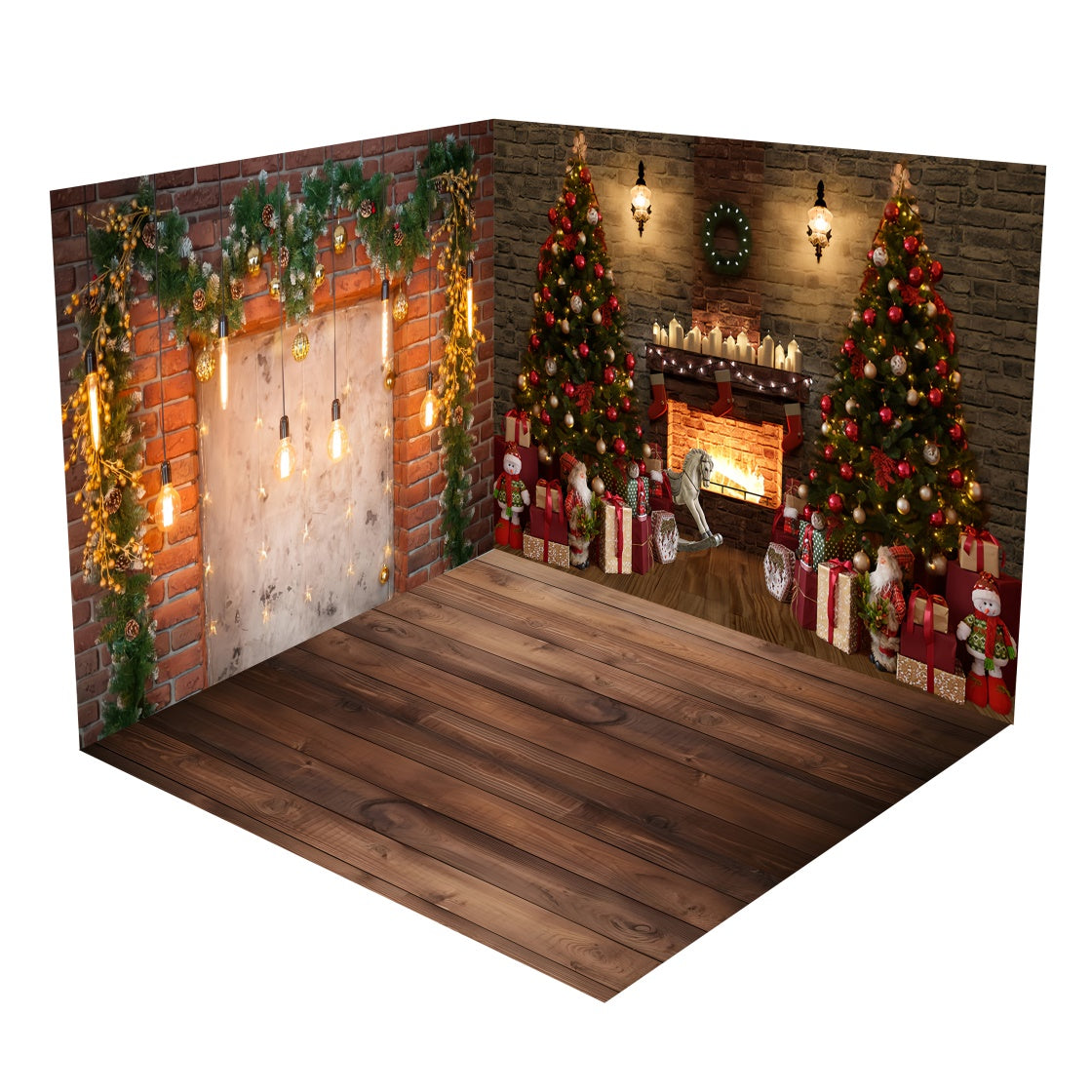 Christmas Trees Fireplace and Garland Brick Wall Backdrop Room Set BRP ...