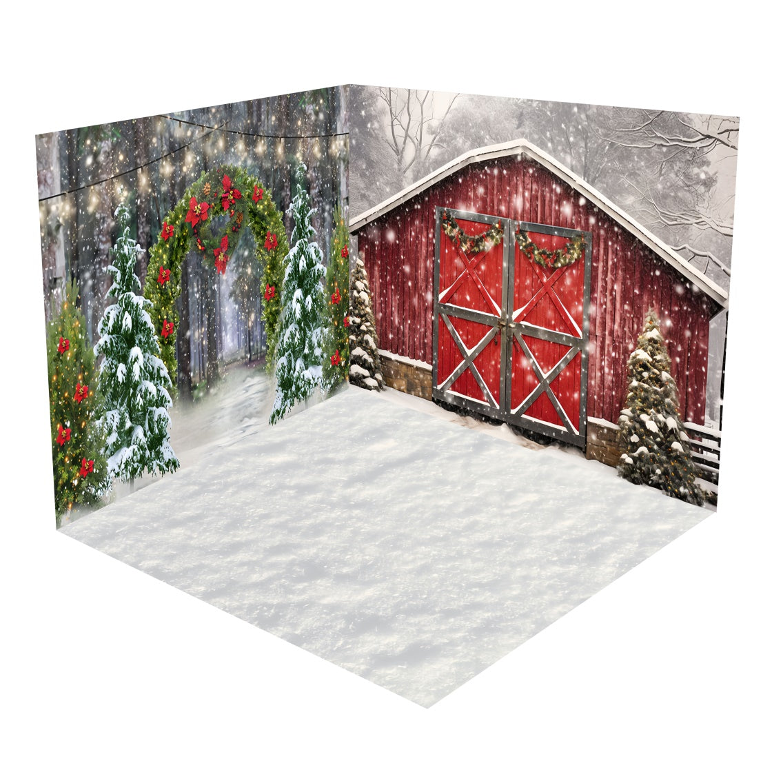 Red Barn and Snowy Christmas Trees Backdrop Room Set BRP8-371 – Dbackdrop