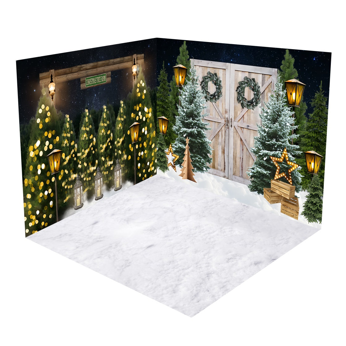 Christmas Trees Lantern and Wreath Barn Door Backdrop Room Set BRP8-37 ...