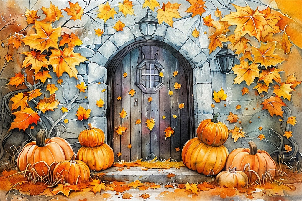 Stone Door Pumpkins Golden Fall Leaves Backdrop BRP9-176 – Dbackdrop