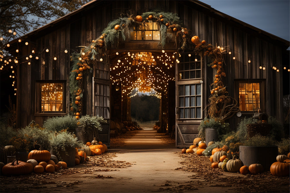 Glowing Barn Entrance Fall Pumpkins Backdrop BRP9-192