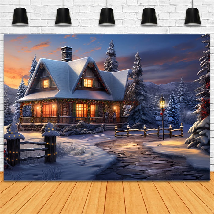 Cozy Winter Cabin Frosty Mountain Scene Backdrop BRP9-239