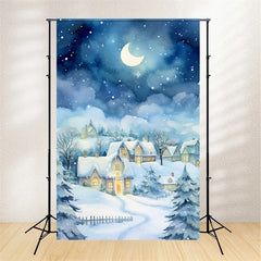 Moonlight Snow Covered Cozy Winter Cottage Backdrop BRP9-352