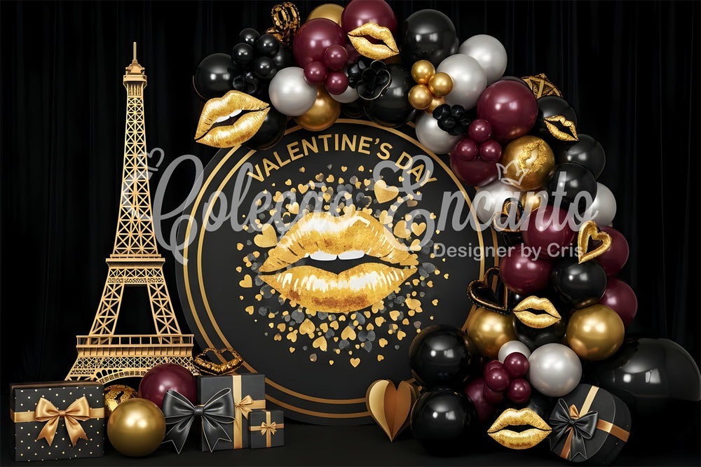 Valentine's Day Backdrop Paris Glam Gold Kiss Setup Valentine Backdrop