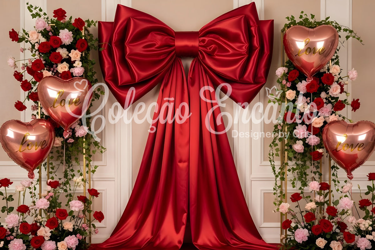 Valentine's Day Backdrop Luxurious Red Bow Floral Valentine Backdrop I