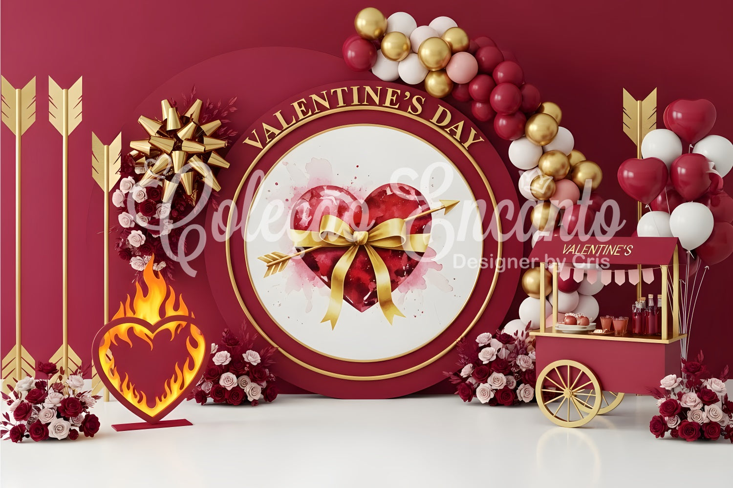 Valentine's Day Backdrops Heart Gift Bow Elegance Red Valentine Backdr