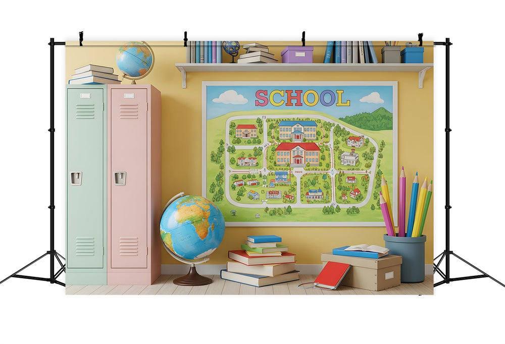 Back To School Photo Backdrop Bright Campus Map School Locker Backdrop