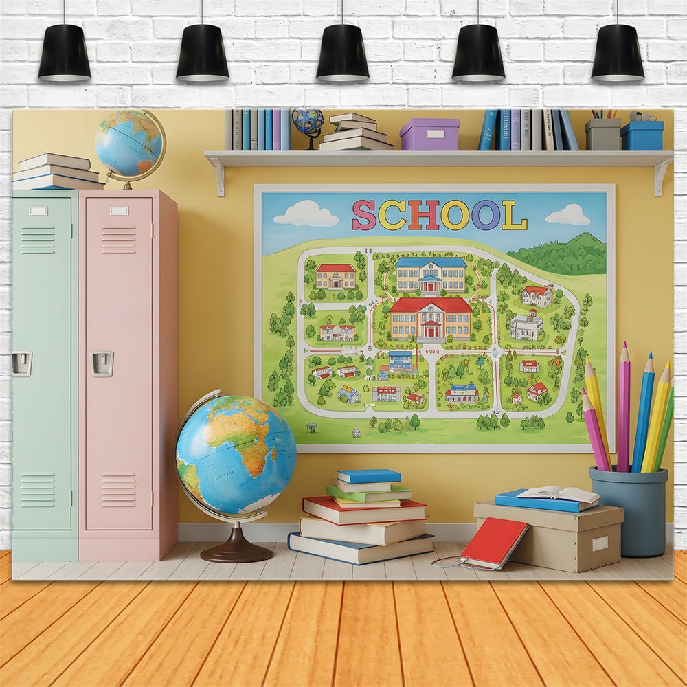 Back To School Photo Backdrop Bright Campus Map School Locker Backdrop