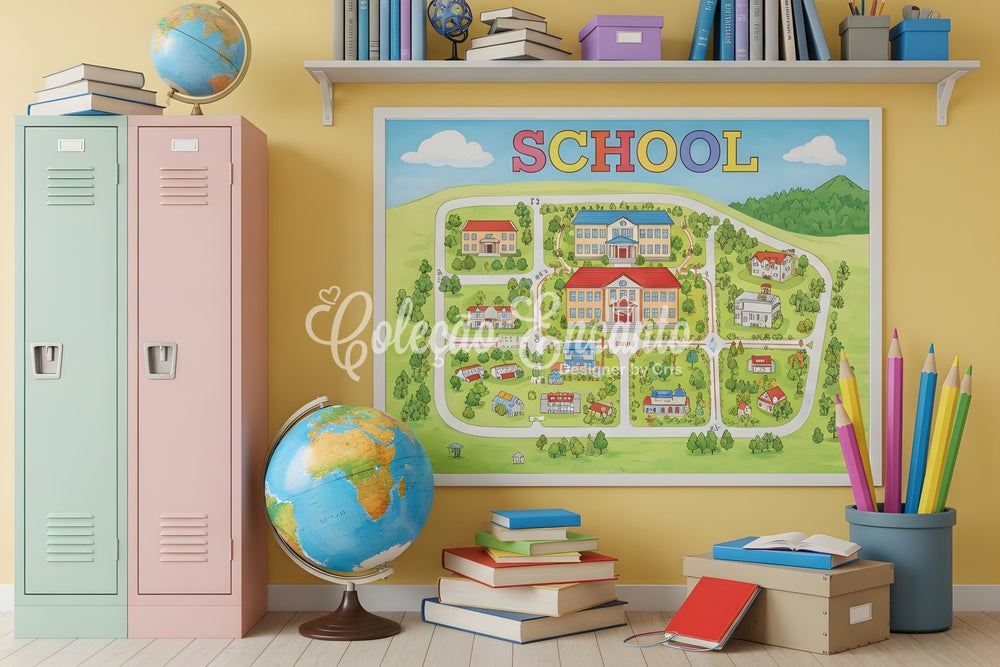 Back To School Photo Backdrop Bright Campus Map School Locker Backdrop
