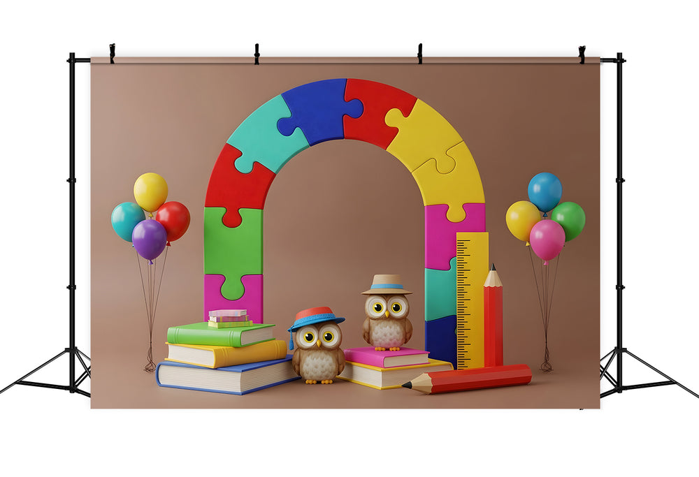 Back To School Backdrop Puzzle Arch Owls Composition School Backdrop B