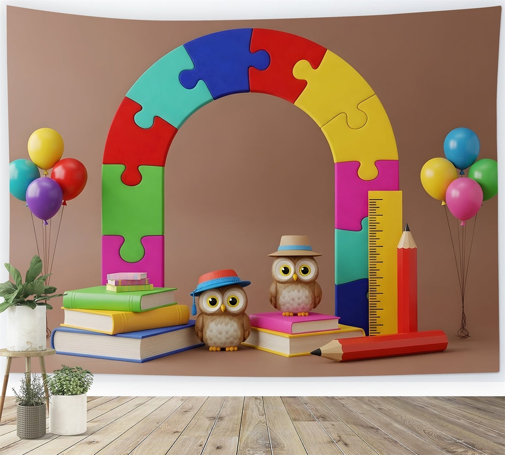 Back To School Backdrop Puzzle Arch Owls Composition School Backdrop B