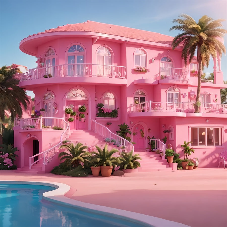 Pink Girl Backdrop House Backdrop Tropical Paradise Pink Villa Backdro