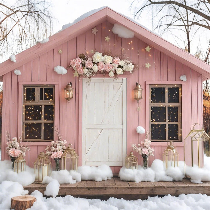 Pink Barn Backdrop House Snow Flowers Backdrop CSH4-226