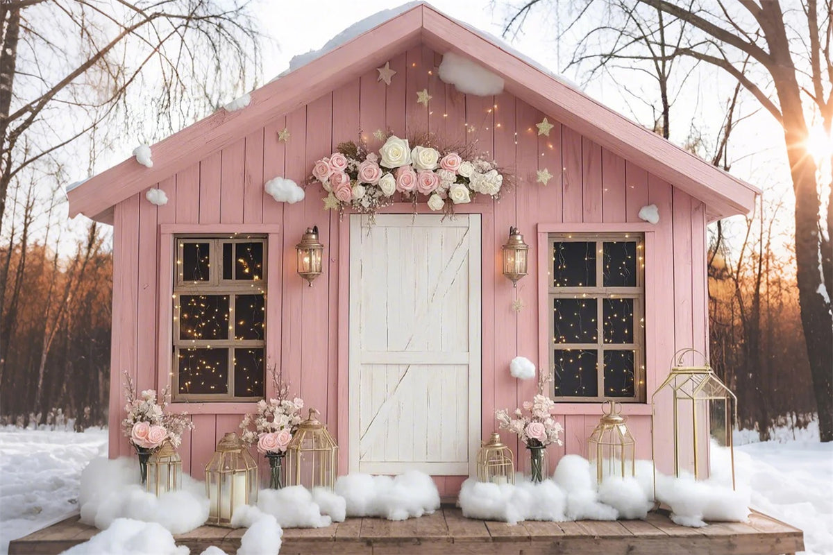 Pink Barn Backdrop House Snow Flowers Backdrop CSH4-226