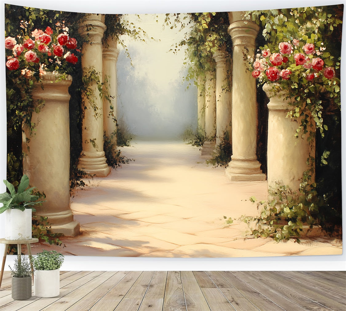 Vintage Photo Backdrop Stone Corridor Flowers Backdrop CSH4-288