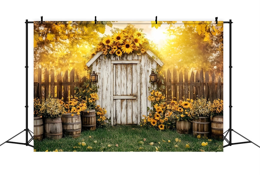 Rustic Backdrop Rustic Shed Sunflower Barrels Backdrop For Thanksgivin