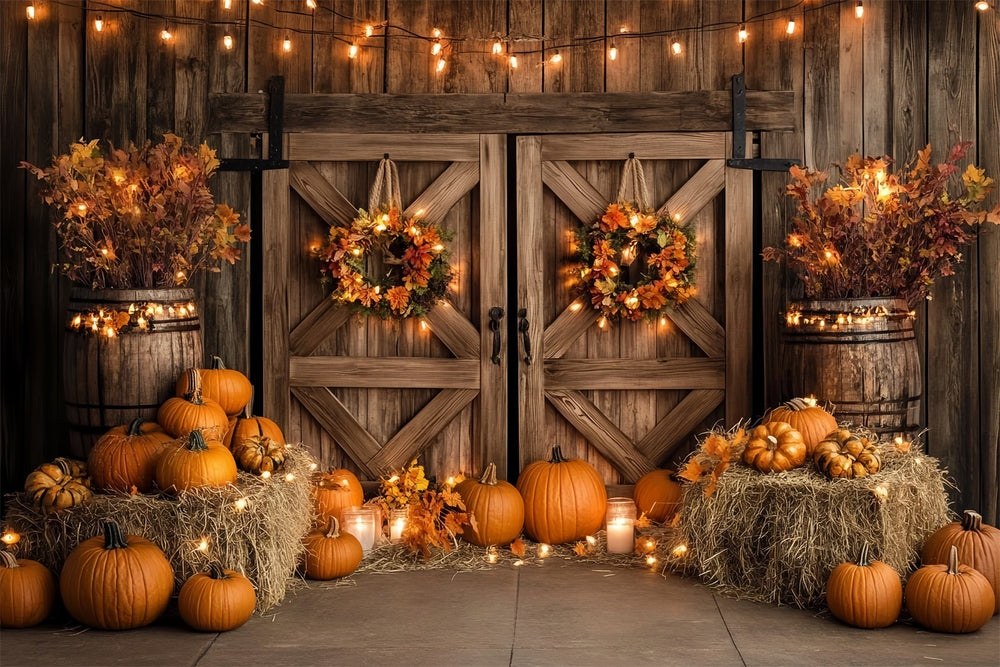 Autumn Rustic Backdrop Wooden Door Pumpkin Lights Fall Photoshoot Back