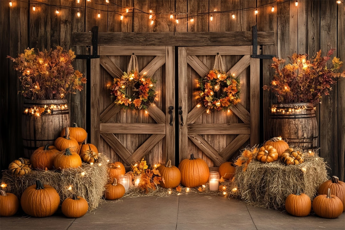Autumn Rustic Backdrop Wooden Door Pumpkin Lights Fall Photoshoot Back