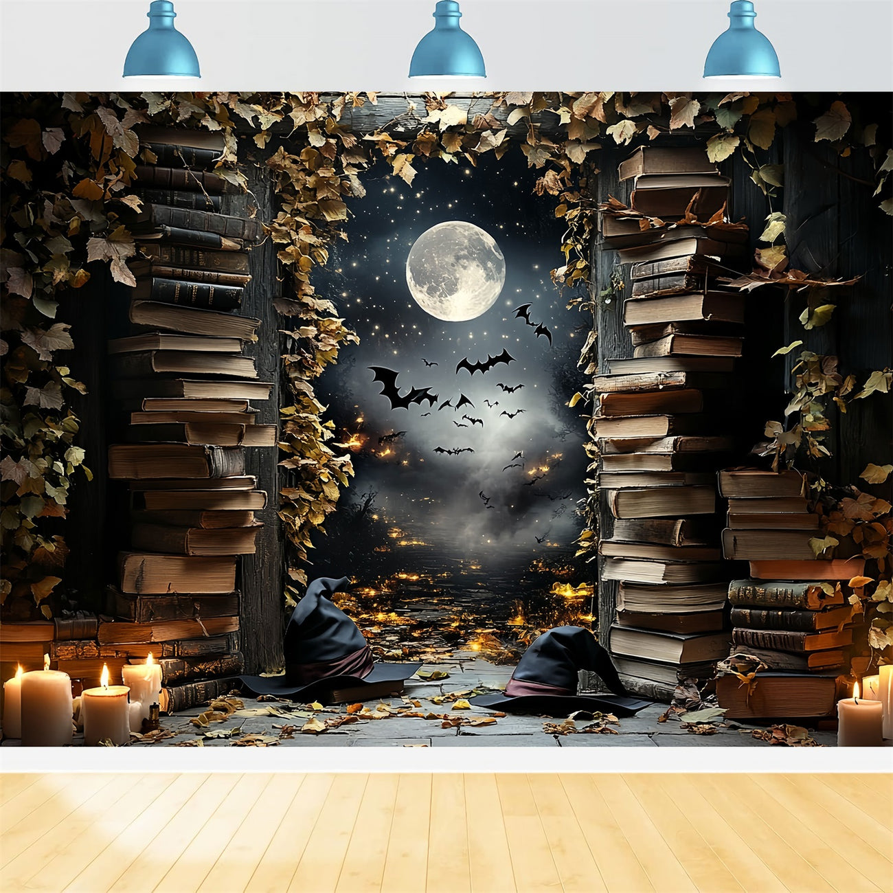 Night Sky Backdrop Witch Library Moonlit Bats Halloween Backdrop Ideas