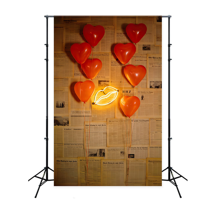 Newspaper Valentine's Day Backdrop Heart Balloons Neon Lips Valentine'