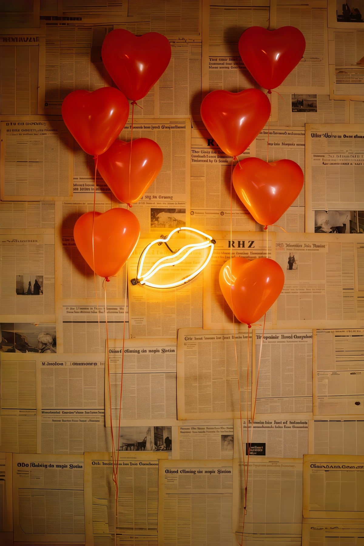 Newspaper Valentine's Day Backdrop Heart Balloons Neon Lips Valentine'