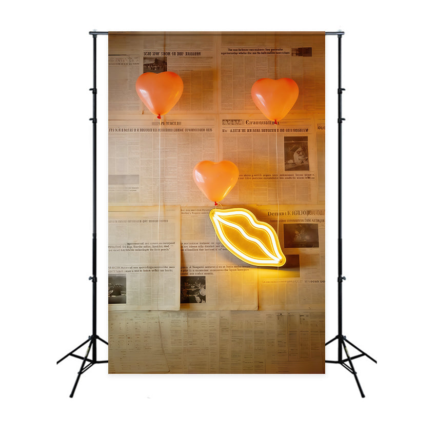 Newspaper Valentine's Day Backdrop Heart Balloon Neon Wall Valentine's