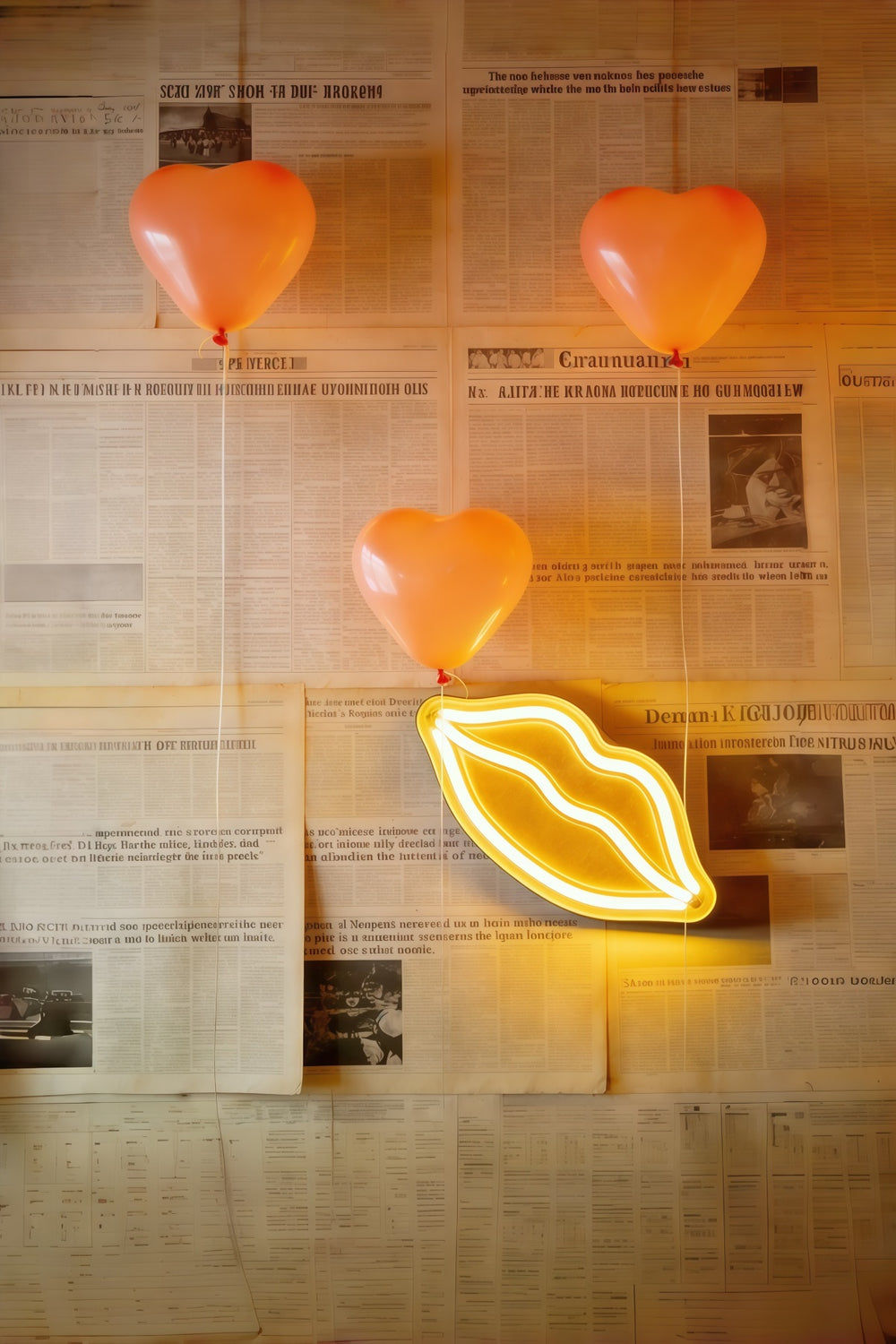 Newspaper Valentine's Day Backdrop Heart Balloon Neon Wall Valentine's