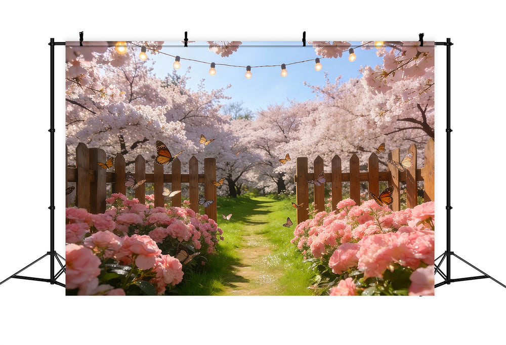 Cherry Blossom Tree Backdrop Pastel Flowers Butterfly Fence Floral Pri