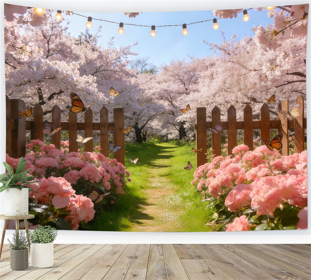 Cherry Blossom Tree Backdrop Pastel Flowers Butterfly Fence Floral Pri