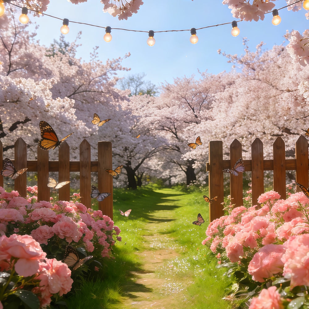 Cherry Blossom Tree Backdrop Pastel Flowers Butterfly Fence Floral Pri