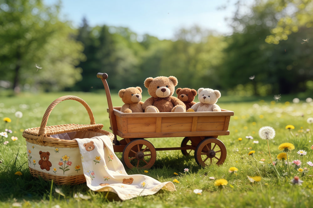 Picnic Backdrops Teddy Bear Wagon Meadow Outdoors Diy Spring Backdrop