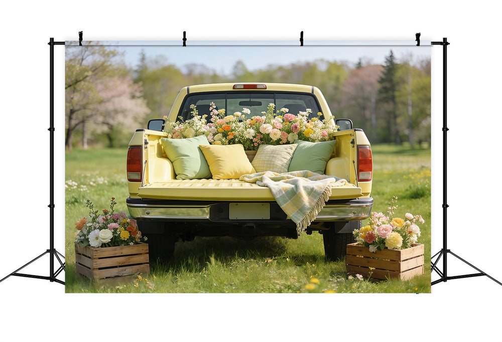 Picnic Backdrop Ideas Vintage Yellow Truck Blooms Cheap Spring Photogr