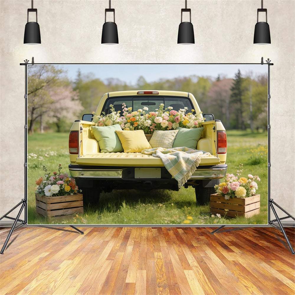Picnic Backdrop Ideas Vintage Yellow Truck Blooms Cheap Spring Photogr