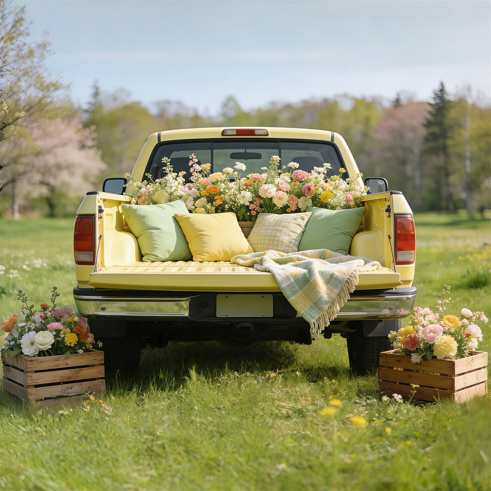 Picnic Backdrop Ideas Vintage Yellow Truck Blooms Cheap Spring Photogr
