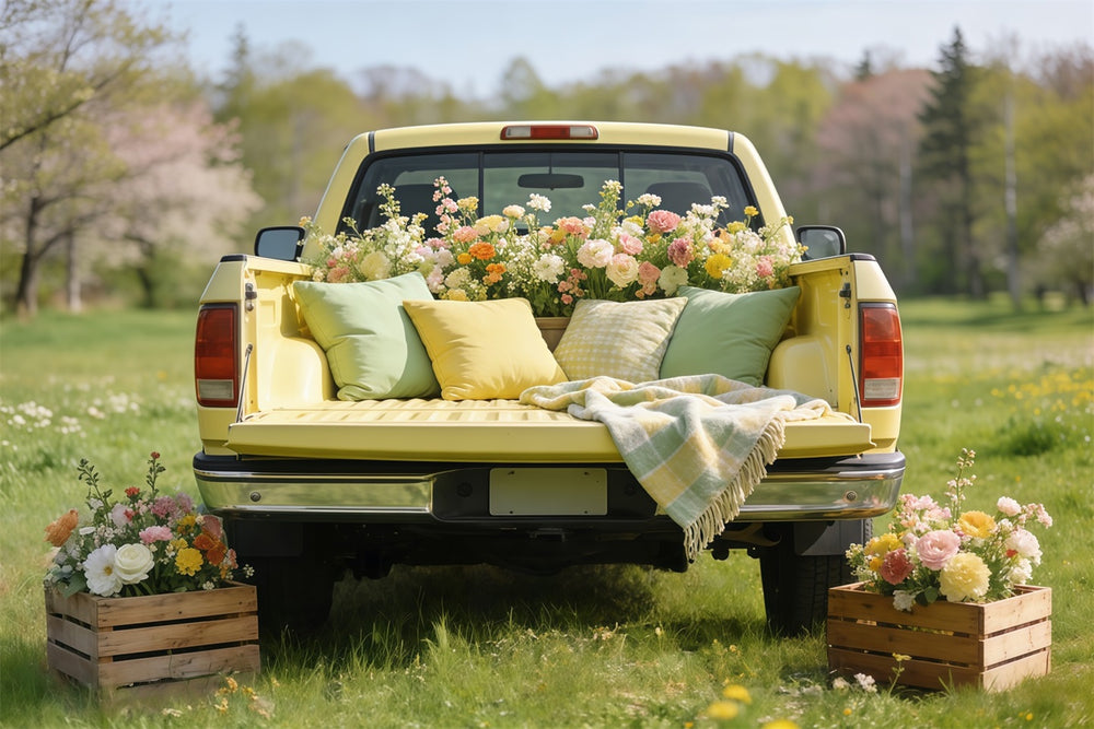 Picnic Backdrop Ideas Vintage Yellow Truck Blooms Cheap Spring Photogr