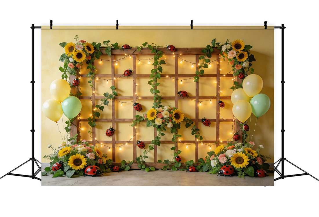 Ladybug Photo Backdrop Sunflower Trellis Balloon Lights Spring Photo B