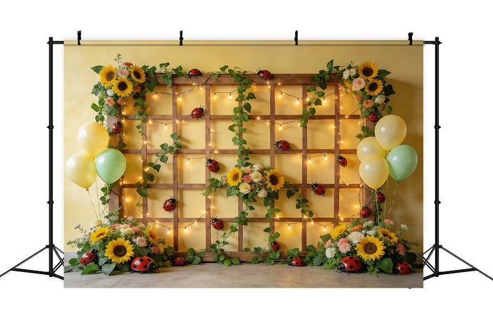 Ladybug Photo Backdrop Sunflower Trellis Balloon Lights Spring Photo B