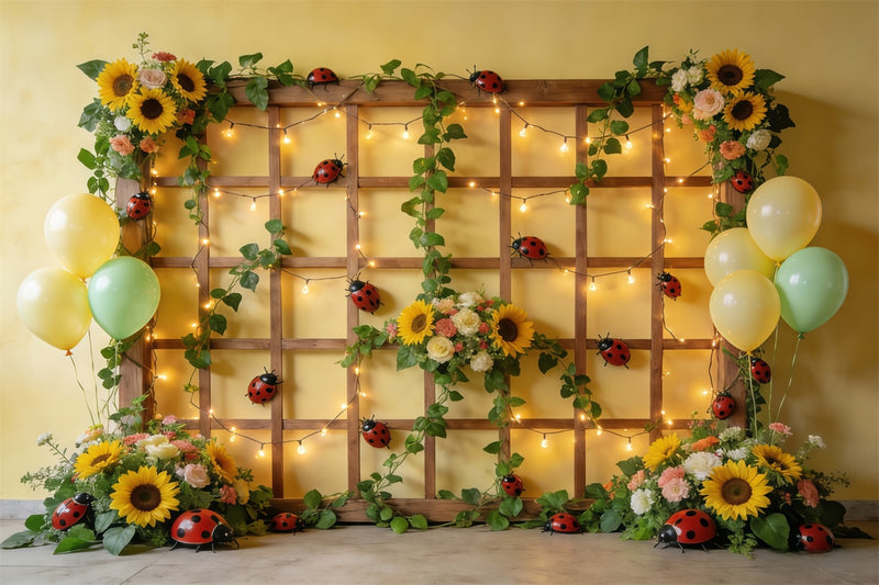 Ladybug Photo Backdrop Sunflower Trellis Balloon Lights Spring Photo B