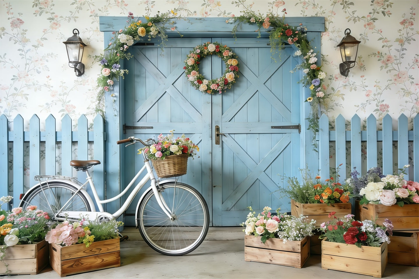 Bicycle Backdrop Blue Barn Door Bicycle Blooms Spring Backdrops CSH61-