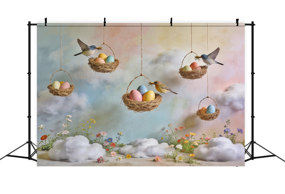 Spring Bird Nest Backdrop Egg Nest Pastel Sky Wildflower Spring Time B
