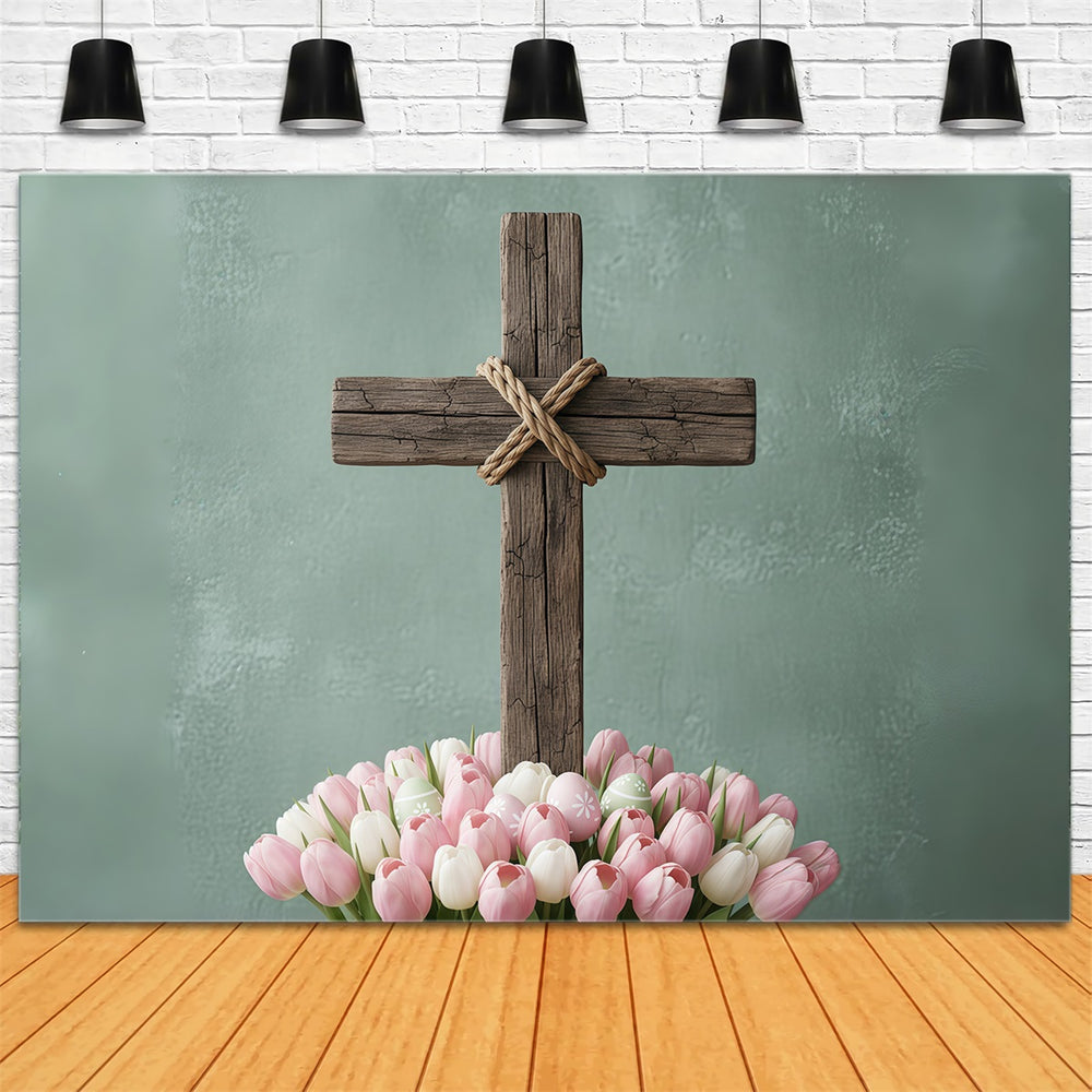 Easter Church Photo Backdrop Rustic Wooden Cross Tulip Bloom Easter Ba