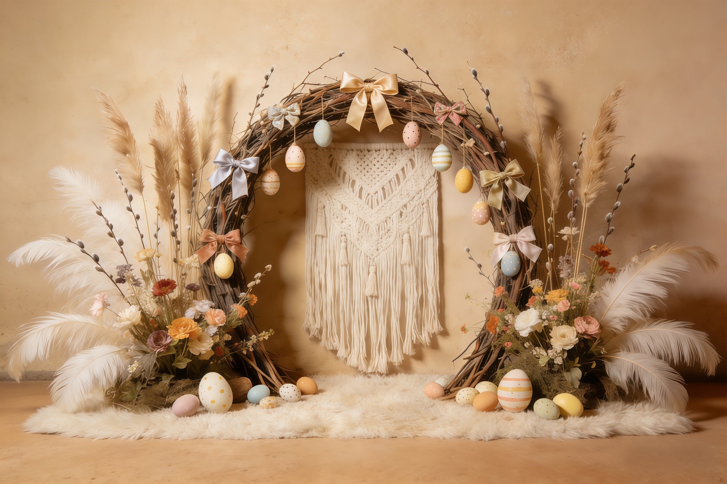 Easter Boho Backdrop Rustic Arch Pastel Eggs Bows 10x10 Easter Backdro