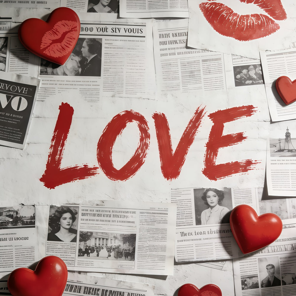Newspaper Valentine Backdrop Vintage Love Doodle Hearts Valentine Phot