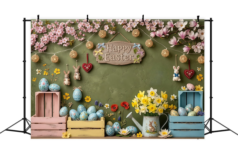 Easter Rustic Backdrop Pastel Eggs Crates Daffodil Easter Pictures Bac