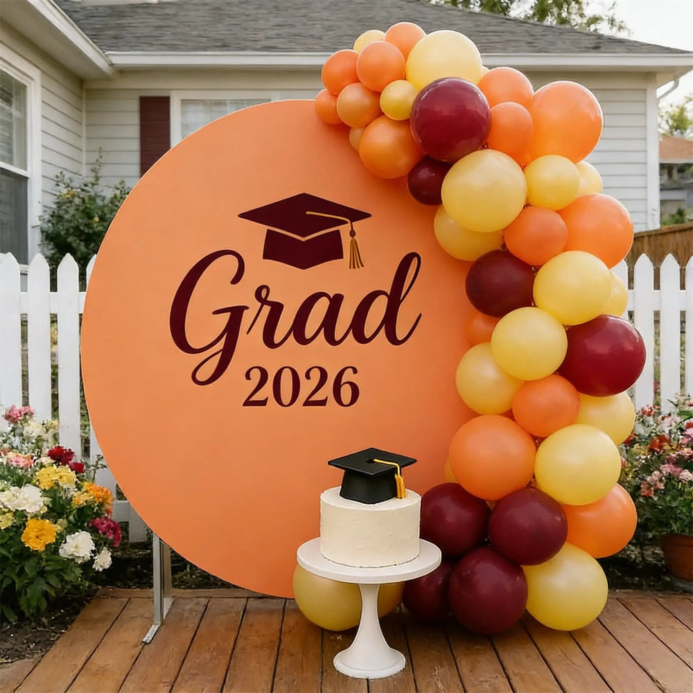 Graduation Party Backdrop Orange Maroon Grad 2026 Round Custom Graduat