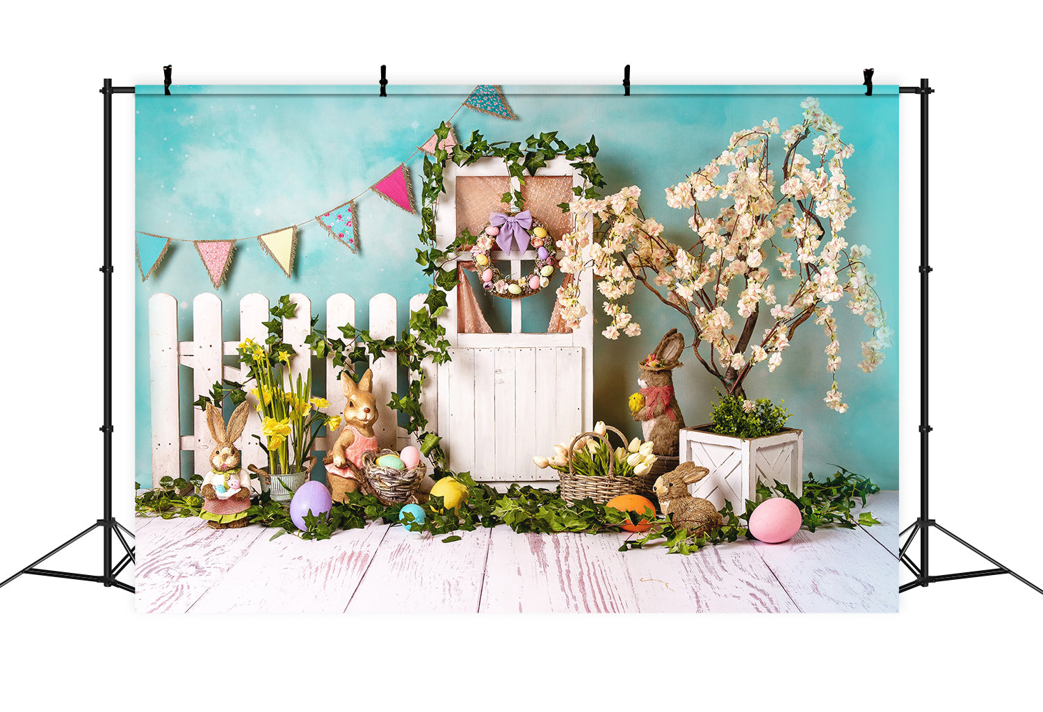 Easter Bunny Eggs Colorful Flowers Backdrop D1053 – Dbackdrop